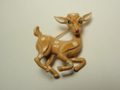 Vintage Enamel Fawn Deer with Green Rhinestone Eyes Brooch Pin | eBay