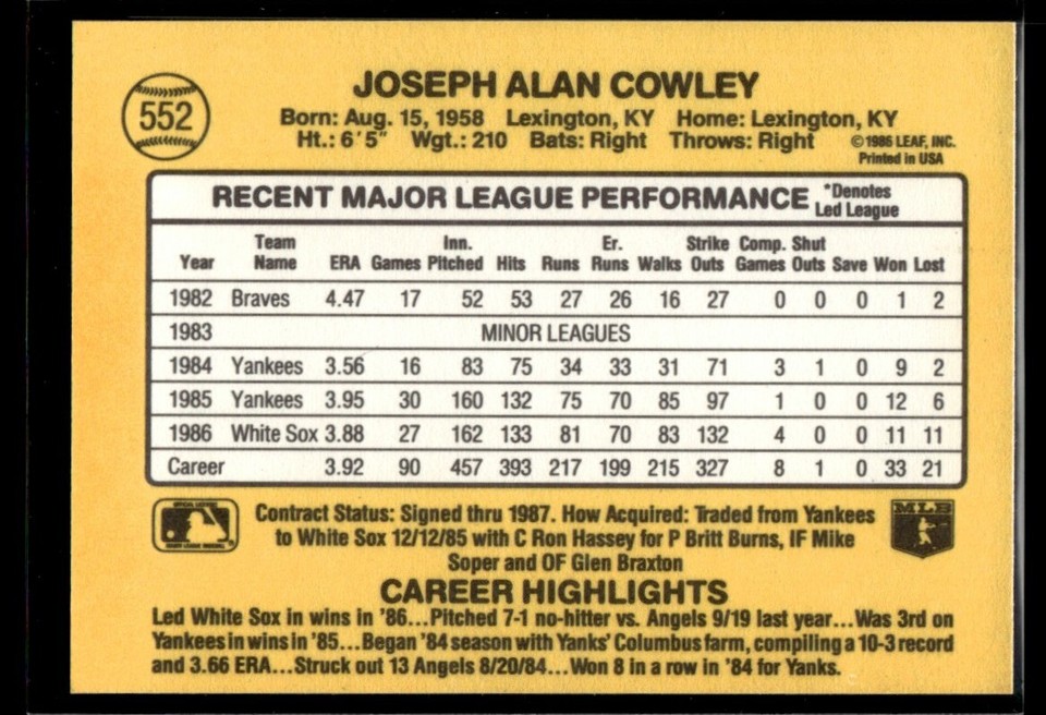 1987 Donruss #552 Joe Cowley Chicago White Sox | eBay