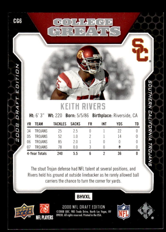 2008 Upper Deck Draft Edition Keith Rivers College Greats #CG6 | eBay