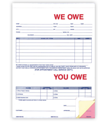 3-PART WE YOU OWE FORM SNAP OUT FORM FOR CAR DEALERS 100 PER PACK ...