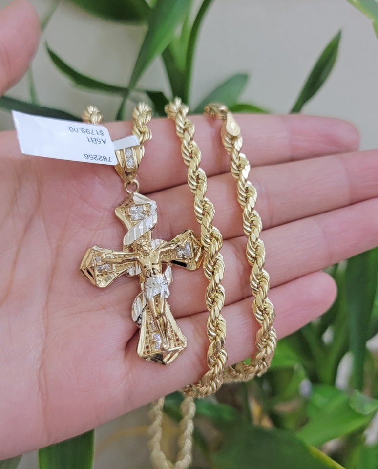 10k Gold Rope Chain Cross Charm Set Necklace 20"inch 5mm Jesus Pendant ...