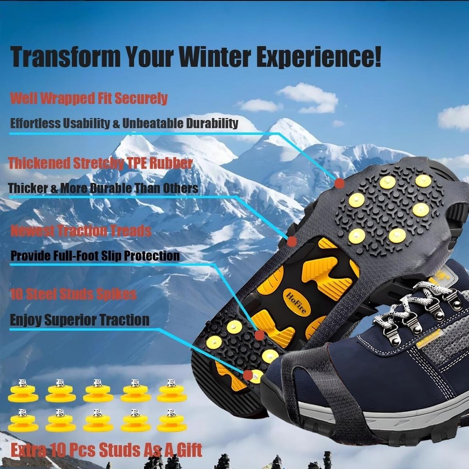 Ice Cleats Over Shoe Boots Anti Slip Traction 10 Studs Crampons Slip-on ...