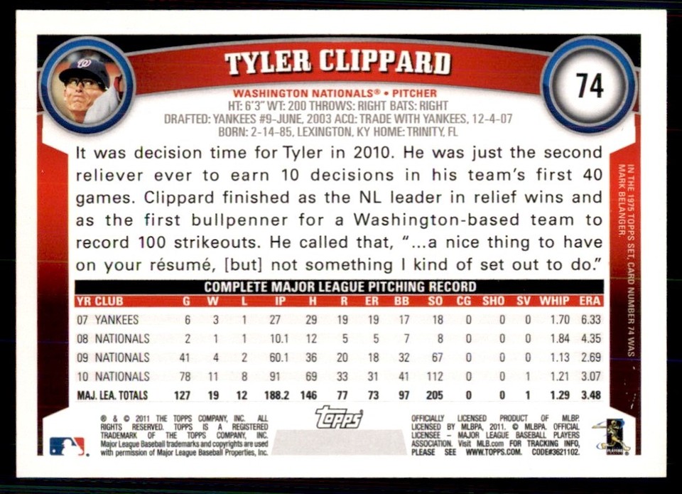 2011 Topps Tyler Clippard Washington Nationals #74 MLB Baseball Sports ...