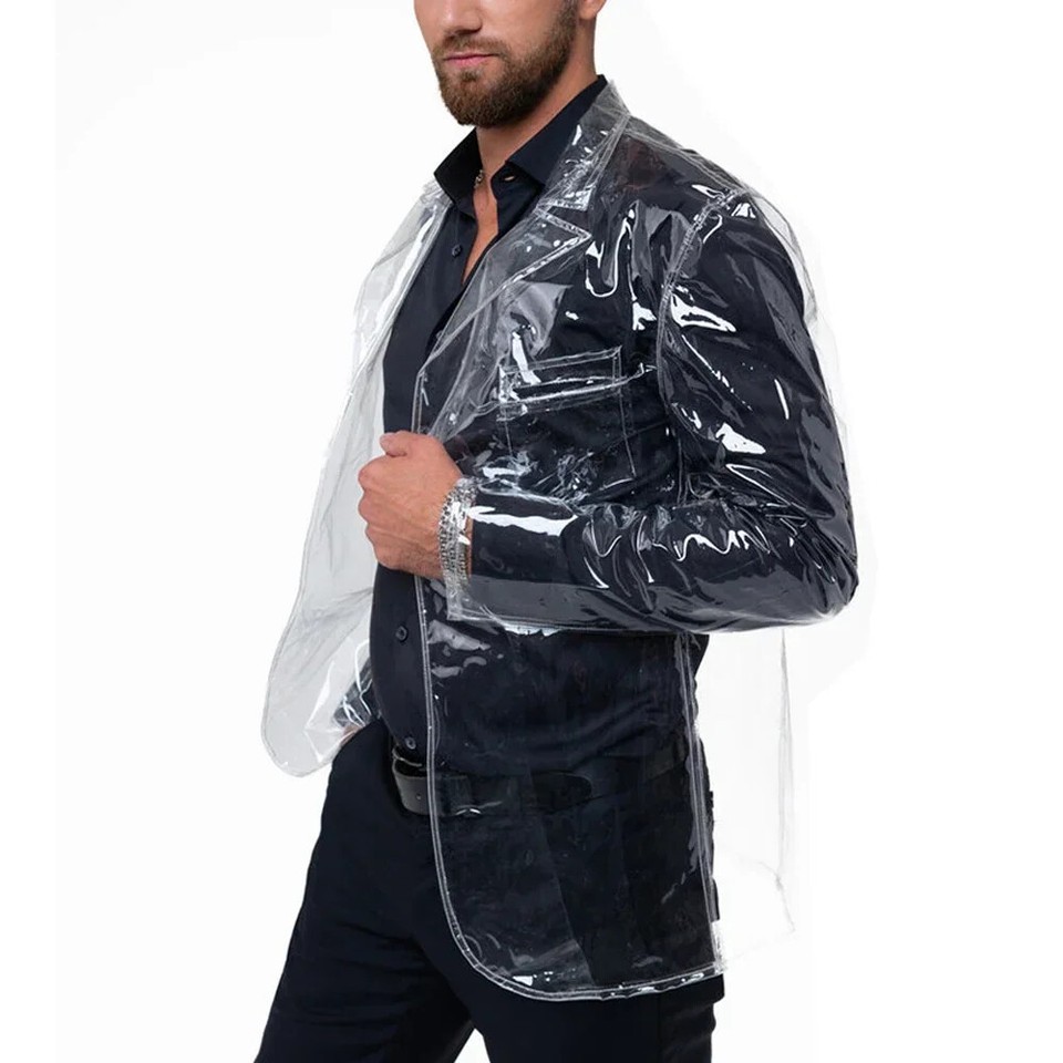 Men TPU Lapel Neck Suits Jacket Fashion Slim Punk PVC Long Sleeve Coat ...
