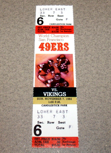 San Francisco 49ers 11/7/1982 Full Ticket vs Minnesota Unplayed Due to ...