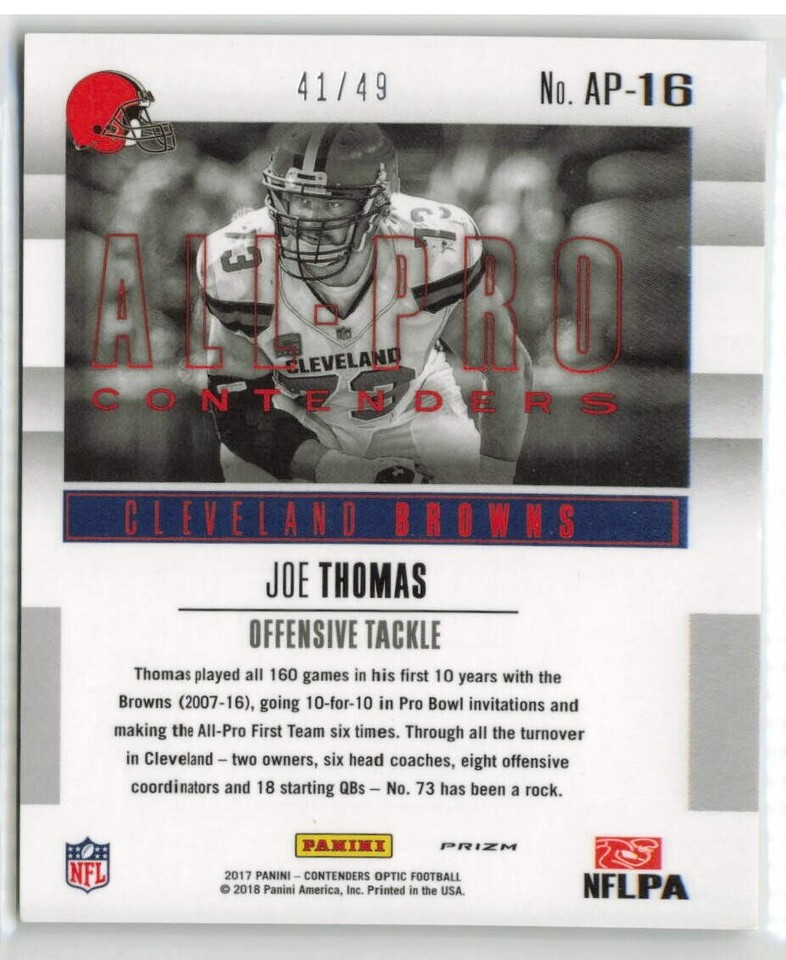 Joe Thomas 2017 Panini Contenders Optic All-Pro Parallel SP /49 #AP-16 ...