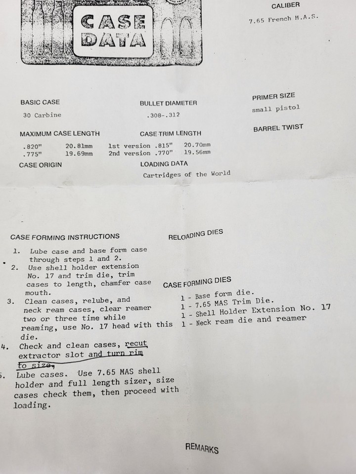 RCBS 7.65mm MAS 1935 SACM 32 French long case forming die set w/ reamer ...