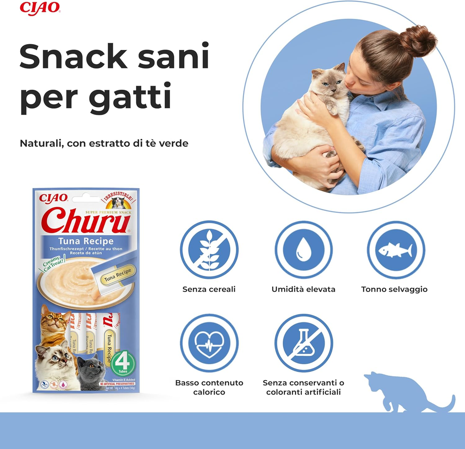 Churu Snack per Gatti Cremoso Con Tonno E Manzo - 12 Pack (48 Stick X ...