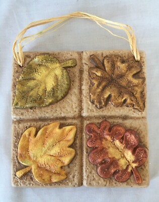 Plaster Four Autumn Leaves Plaque w/ Raffia Hanger 6" Square, 13 ounces ...