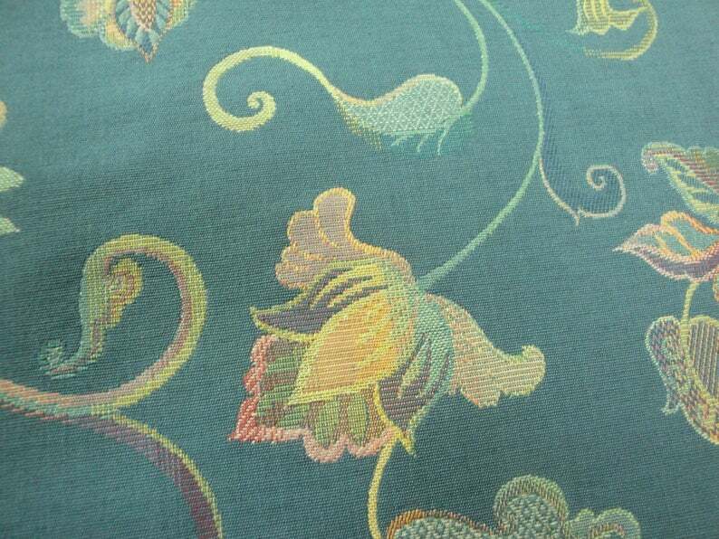 Leaf Pattern Geometric Floral Brocade Upholstery Fabric Yellow Teal ...
