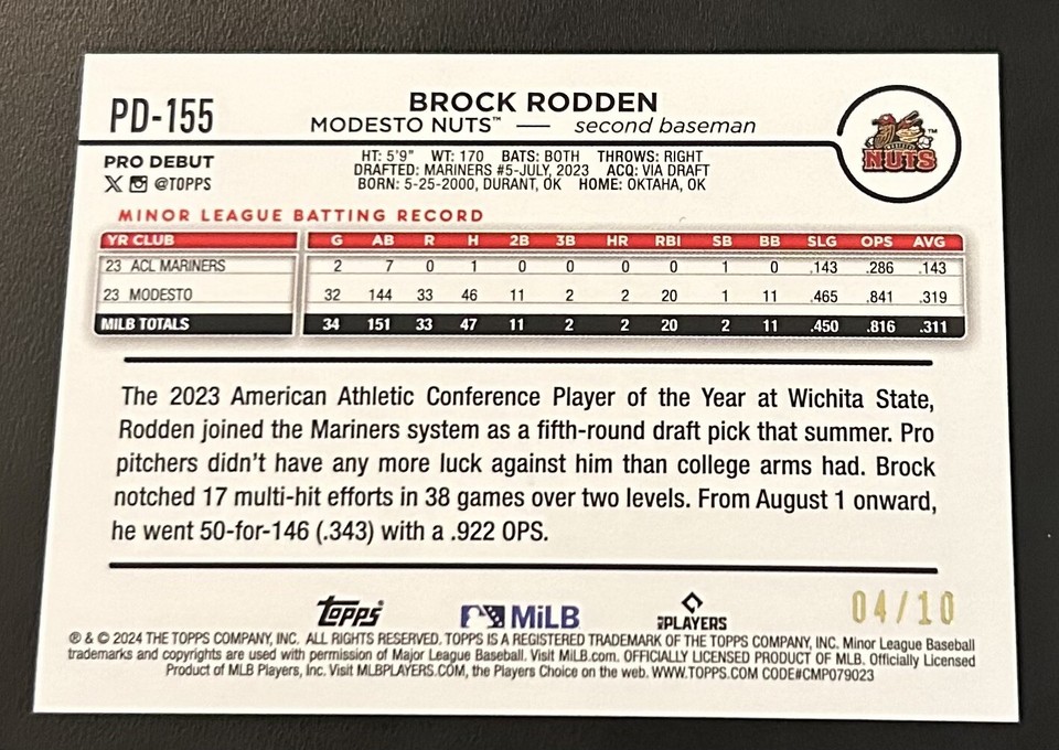 2024 Topps Pro Debut Brock Rodden /10 Red Parallel #PD-155 Seattle ...