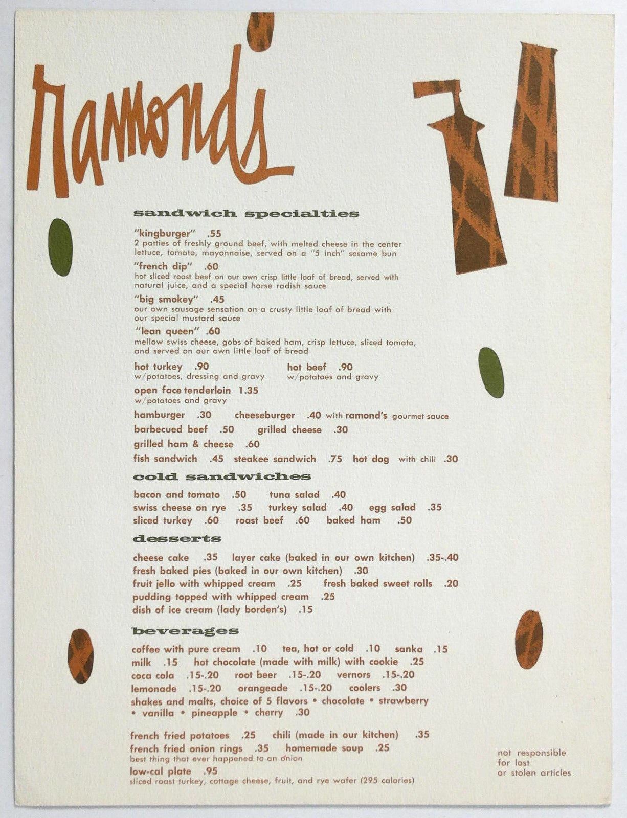 1961 Original Vintage Lunch Menu Card RAMONDS RESTAURANT Saginaw ...