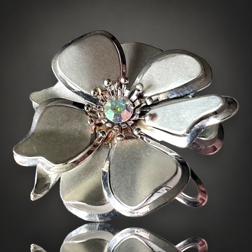 Silver Tone Flower Brooch AB Rhinestone Large Statement Coat Pin 1950s ...