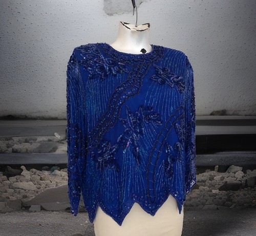 Scala 2X Sequin Beaded Top Silk Vintage Blue Sheer Sleeves XXL Evening ...