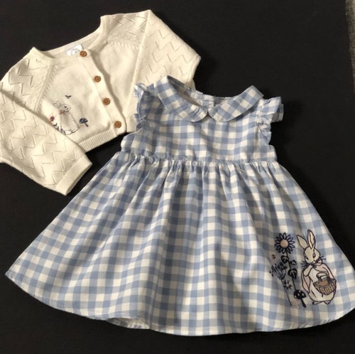 Baby Girls Peter Rabbit Blue Checked Dress And Cream Cardigan | eBay