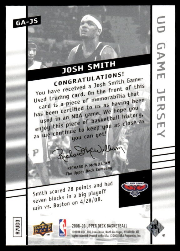 2008 UPPER DECK JOSH SMITH GA-JS MINT UD GAME JERSEYS BASKETBALL ...