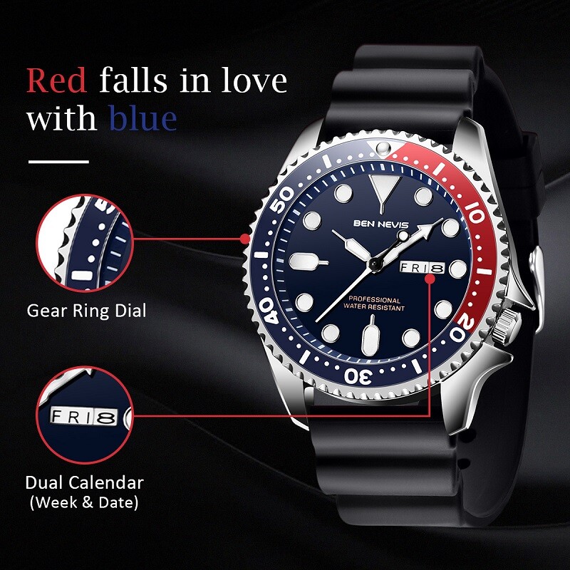 BEN Nevis Men's Quartz Dive Watch Quartz Movement Waterproof Bezel ...
