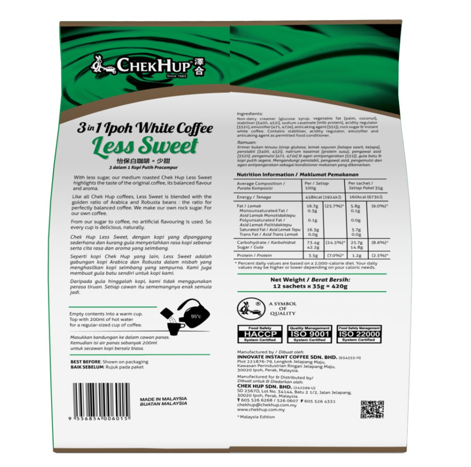 10 Pack Chek Hup 3 In 1 Ipoh White Coffee Less Sweet 35g X 12s Express ...