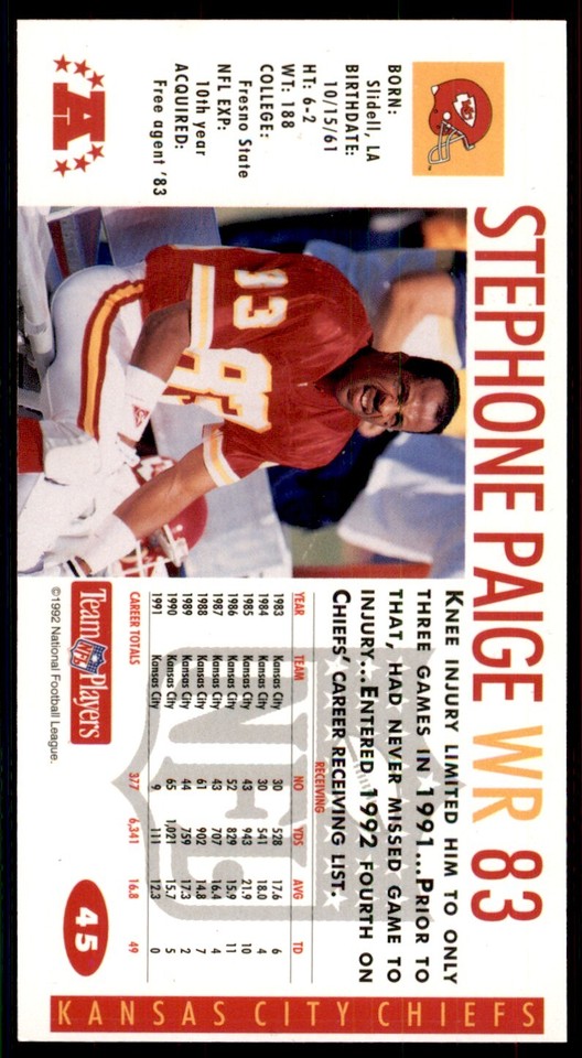 1992 GameDay Stephone Paige Kansas City Chiefs #45 NFL Football ...