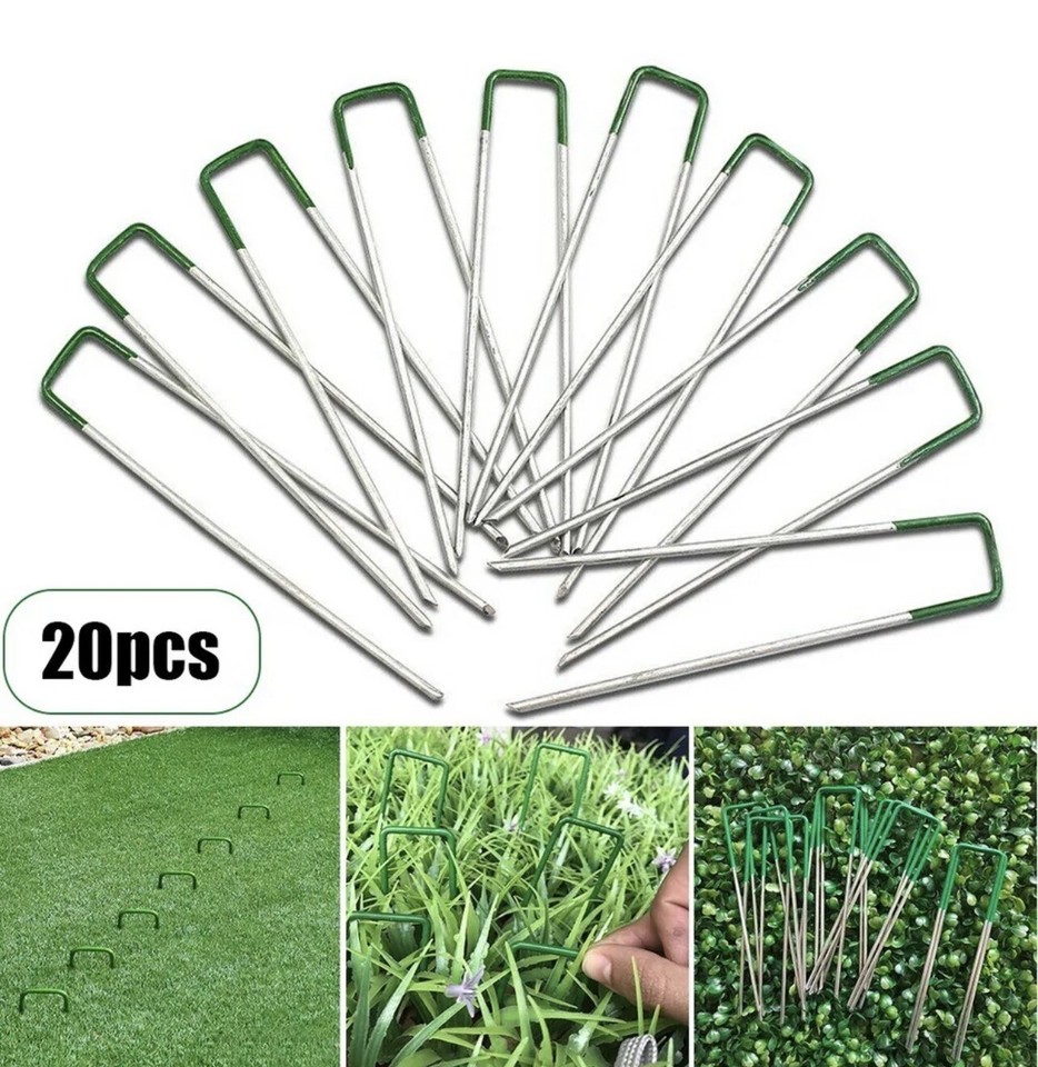 20x Half Green Artificial Grass U-Pins Metal Galvanised-Pegs Staples ...