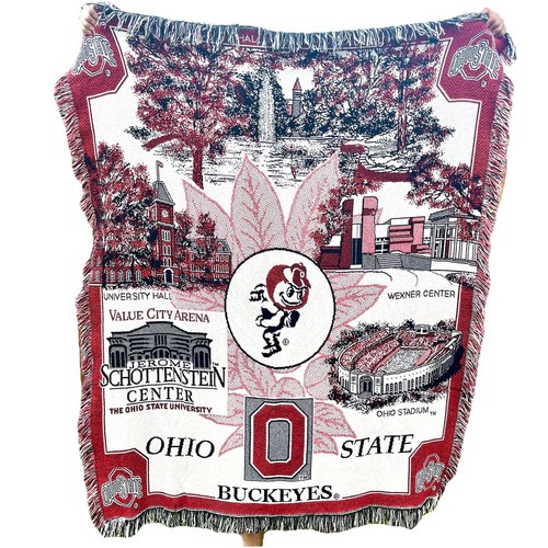 Vtg Ohio State Buckeyes Woven Throw Blanket 60" X 48" Tapestry Football ...