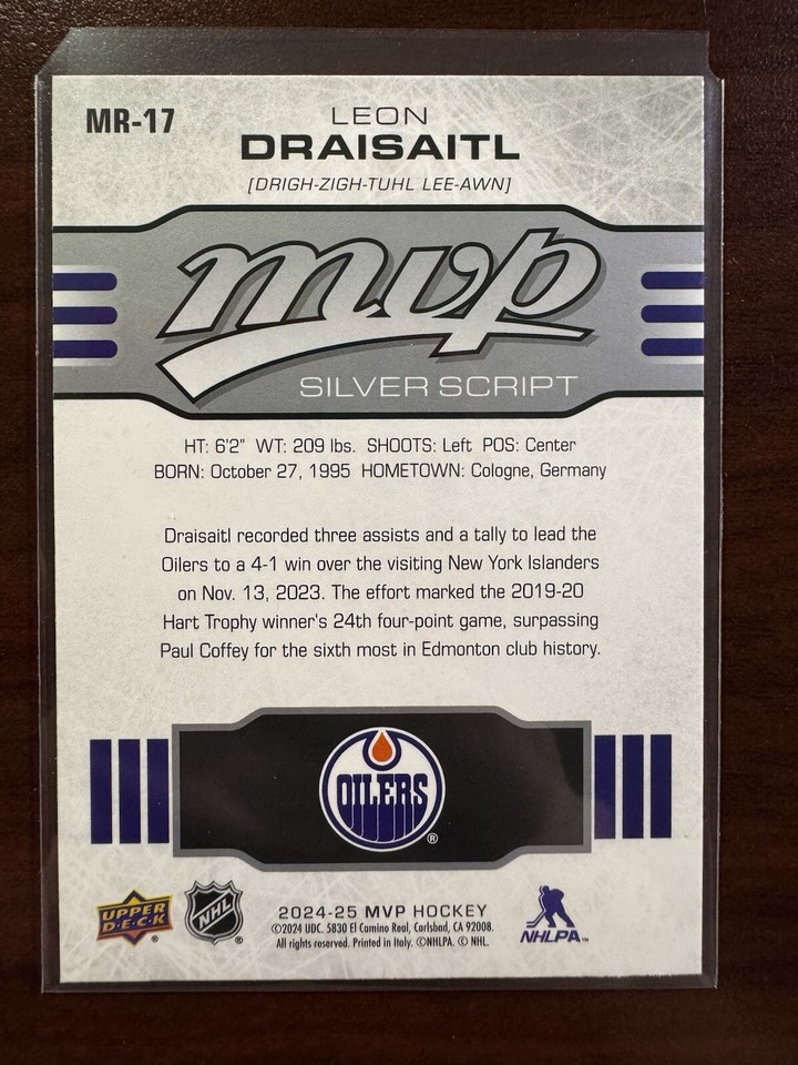 2024-25 Upper Deck MVP Silver Script #MR-17 Leon Draisaitl Edmonton ...