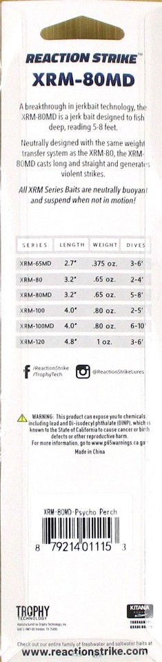 (3) Reaction Strike 3.2" XRM-80MD .65 Oz Jerkbaits Psycho Perch Brand ...