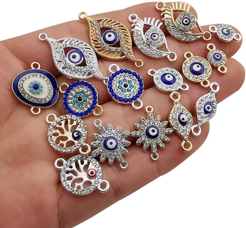 35Pcs Alloy Mix Style Rhinestones Enamel Eye Pendants Charms Link Evil ...