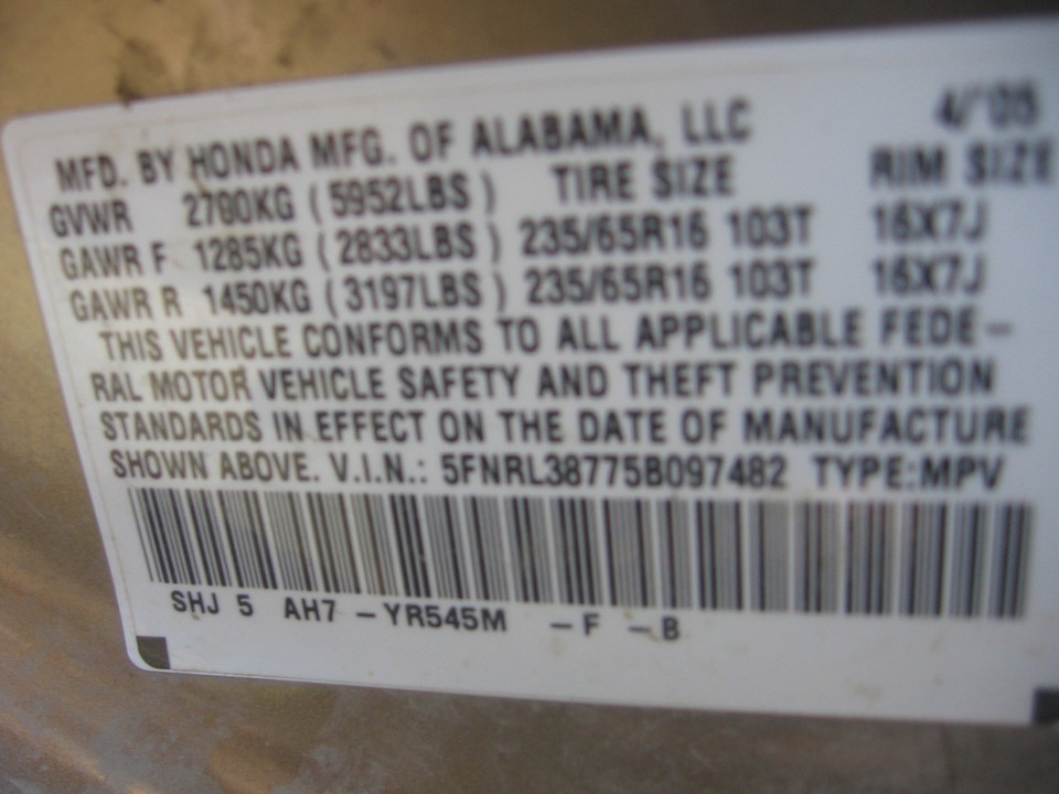 2005 HONDA ODYSSEY RIGHT FRONT Door , , R. 05 06 07 DESERT ROCK YR545M ...