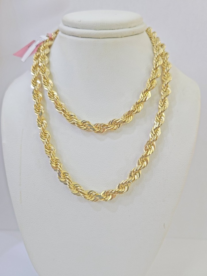 14K Solid Yellow Gold 5mm Rope Chain 24 inch Diamond cut necklace Real ...
