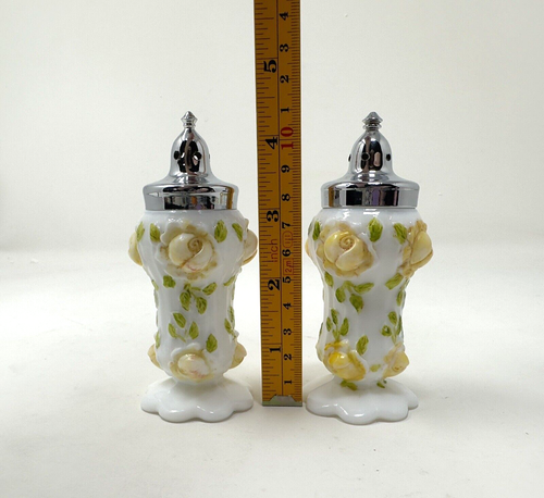 Vtg 1970's Fenton SEARS EXCLUSIVE Painted Cabbage Rose Milk Glass Salt ...