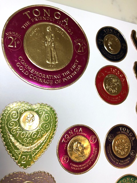 Tonga 1963 1964 Gold Coins Embossed on Foil Stamps Lot of 17 stamp ...