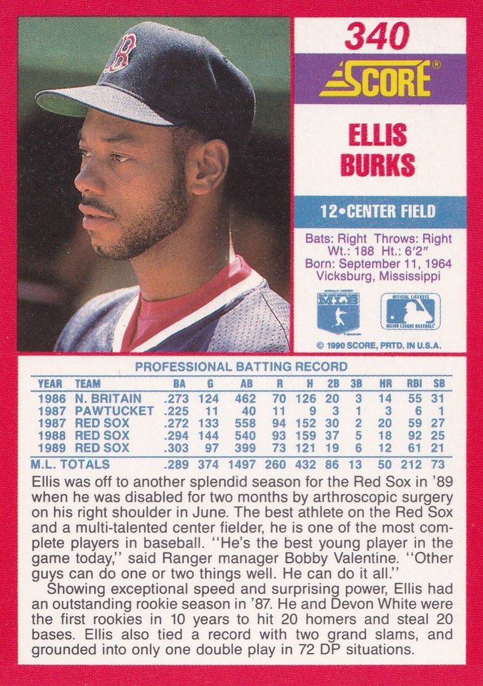 1990 Score #340 Ellis Burks MLB Boston Red Sox + (Yes 4 Free Mystery ...