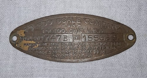 TOLEDO SCALE COMPANY STYLE 747B BRASS TAG | eBay