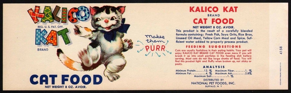 Vintage label KALICO KAT CAT FOOD cat picture National Pet Food Buffalo ...