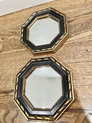 Pair of vintage ea riba 6” octagon black gold wall mirror decor BLH | eBay