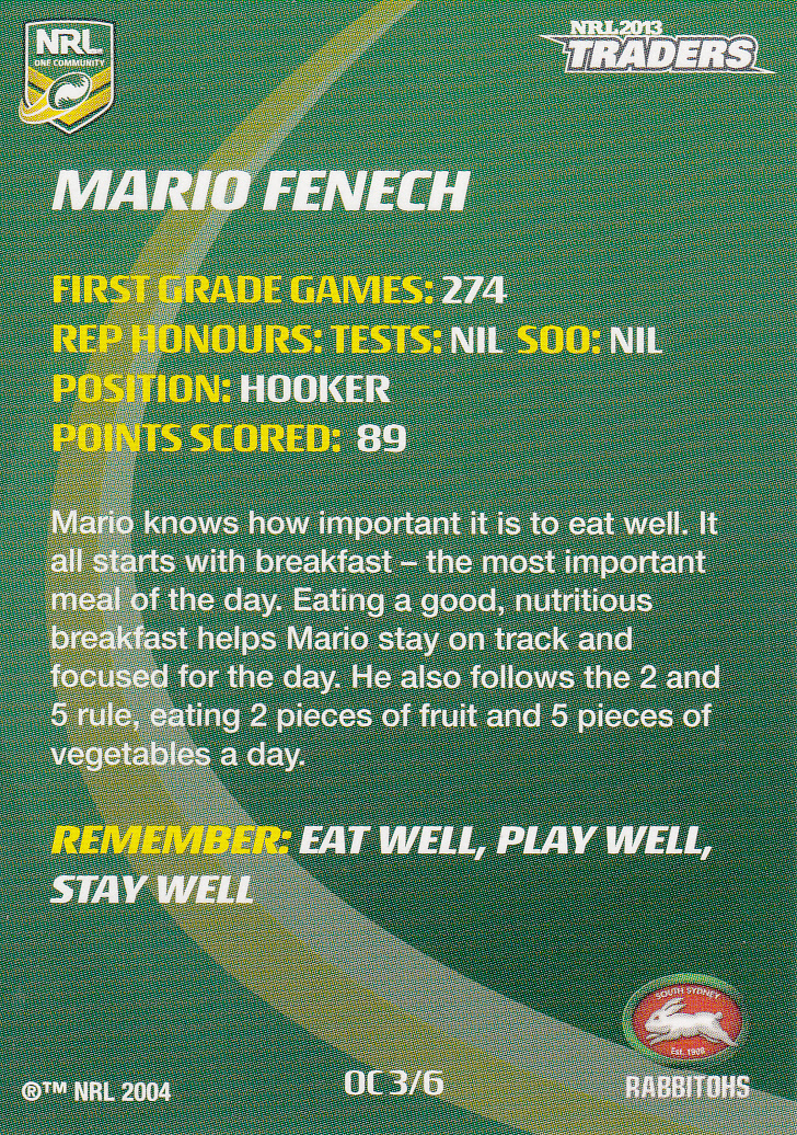 2013 NRL ONE COMMUNITY CARD - OC3 MARIO FENECH SOUTH SYDNEY RABBITOHS ...