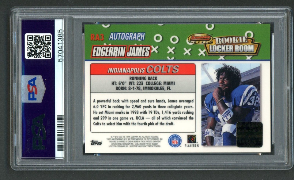 1999 Bowman's Best Edgerrin James Locker Room RC AUTO #RA3 PSA 10 GEM ...