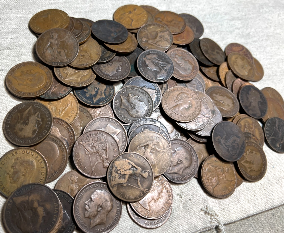 100 x Vintage British Large One Penny UK copper Pennies Victoria to ...