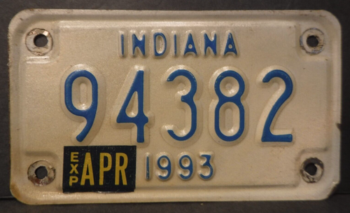 Vtg. 1993 Indiana Motorcycle License Plate 94382 Embossed Steel Hoosier ...