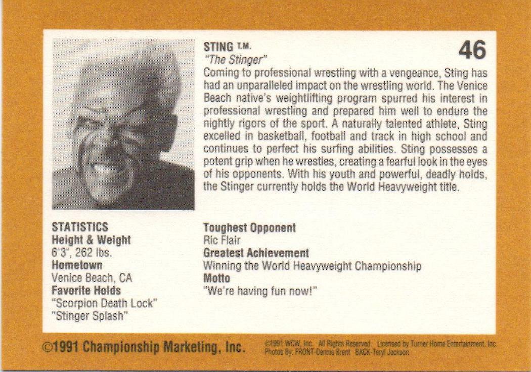 Sting Champion WCW Pro Wrestling Trading Card 1990 Wrestler WWF WWE AEW ...