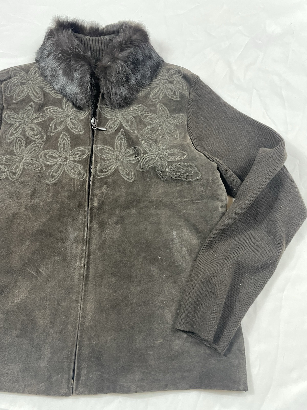 ESCAPADE Brown Suede Leather Knit Sweater Jacket Rabb… - Gem