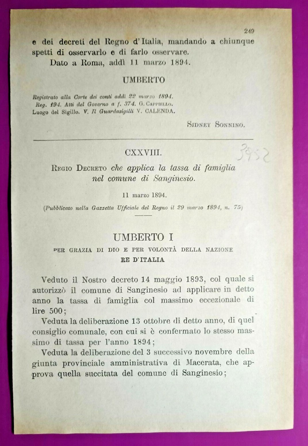 Sanginesio, Royal Decree That Iron-On The Tax of Family -3952 | eBay