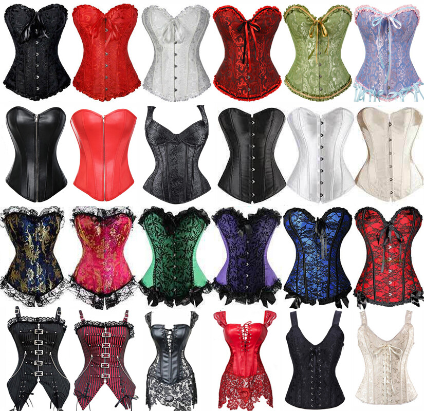 Women Lace Up Boned Bustier Corset Overbust Burlesque Top Lingerie ...