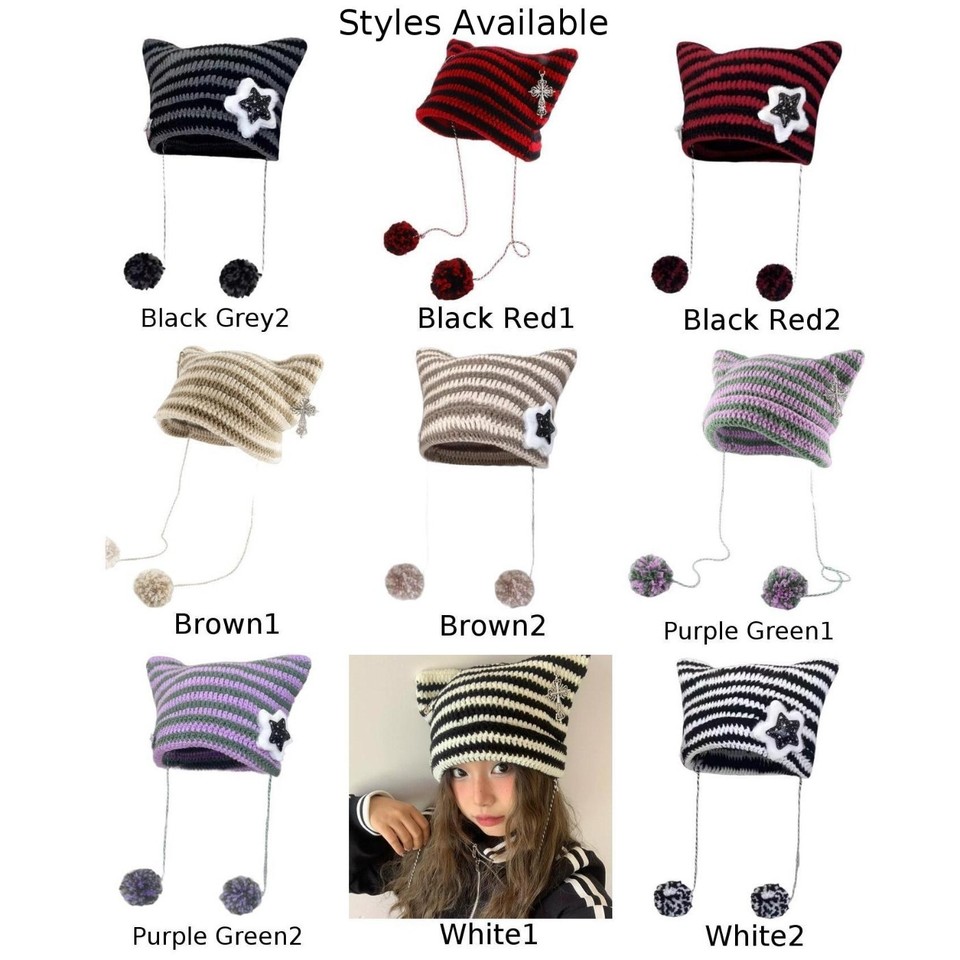 Knitted Cat Ear Beanie Warm Winter Hat for Women with Punk Cross Design ...