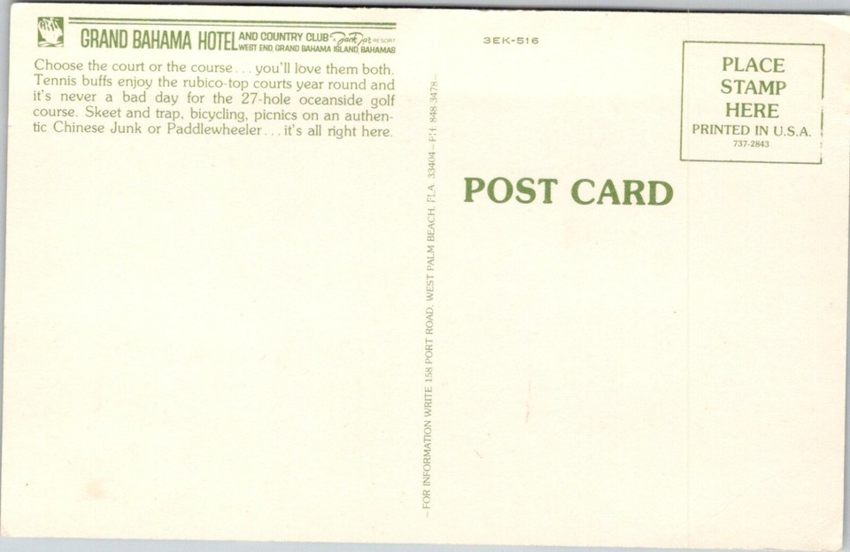 Grand Bahama Hotel and Country Club Unposted Vintage Postcard 1970s E1 ...