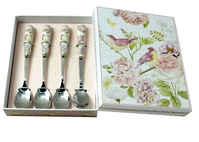 Birds in Rose Garden Teaspoon Set Stainless Steel Spoons with Ceramic ...