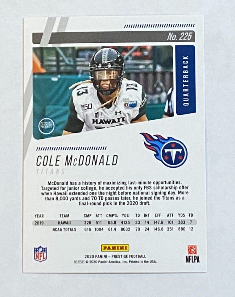 2020 Panini Prestige Rookie #225 Cole McDonald Tennessee Titans | eBay