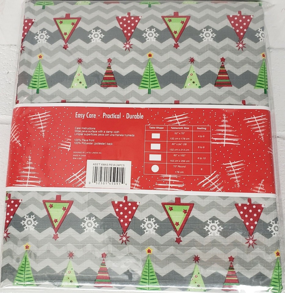 Peva Flannel Back Tablecloth,52" x 70" Oblong, CHRISTMAS TREES ON GREY ...