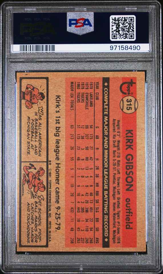 1981 TOPPS #315 KIRK GIBSON ROOKIE RC PSA 5 | eBay